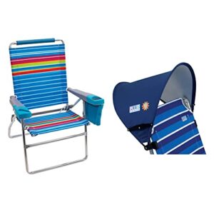 rio gear beach 17" extended height 4-position folding beach chair -polyester, graphic traffic blue/white/multi stripe & rio beach mycanopy personal chair sun shade, navy