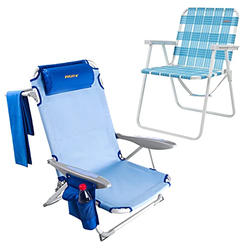 #WEJOY Aluminum Lightweight 4-Position Adjustable Low Seat Folding Beach Chair with Shoulder Strap Cup Holder+Folding Webbed Lawn Beach Chair,High Back Seat Backpack Portable Lightweight Chairs for Ad