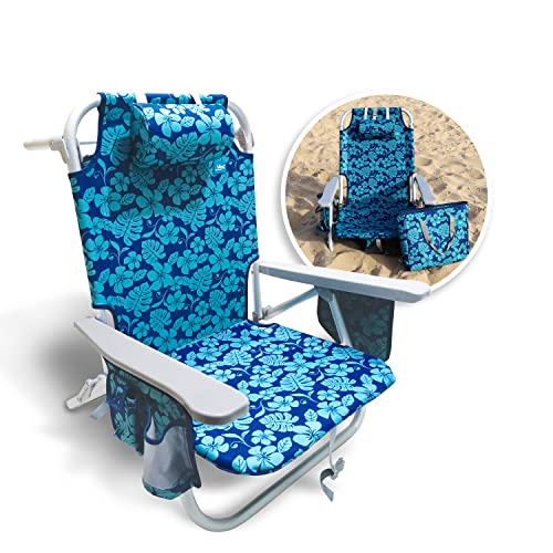 Bliss Hammocks BBC-350-BF Folding Beach Chair, 5 Reclining Positions, Detachable Cooler Bag, Blue Flower