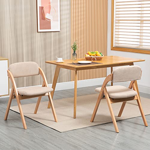 HOMEFUN Folding Chairs with Padded Seats, Wooden Stackable Dining Chairs Set of 2 with Removable Cover Assembled Folding Extra Chair for Guests Kitchen Office Wedding Party Picnic, Khaki