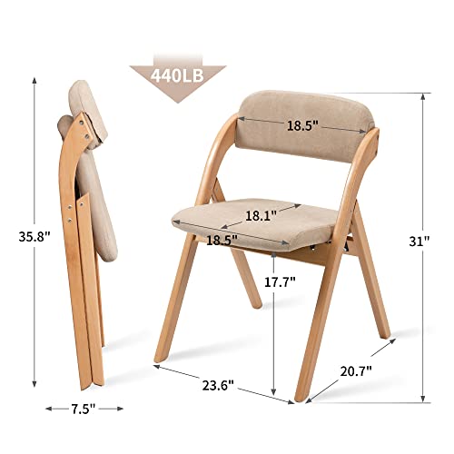 HOMEFUN Folding Chairs with Padded Seats, Wooden Stackable Dining Chairs Set of 2 with Removable Cover Assembled Folding Extra Chair for Guests Kitchen Office Wedding Party Picnic, Khaki