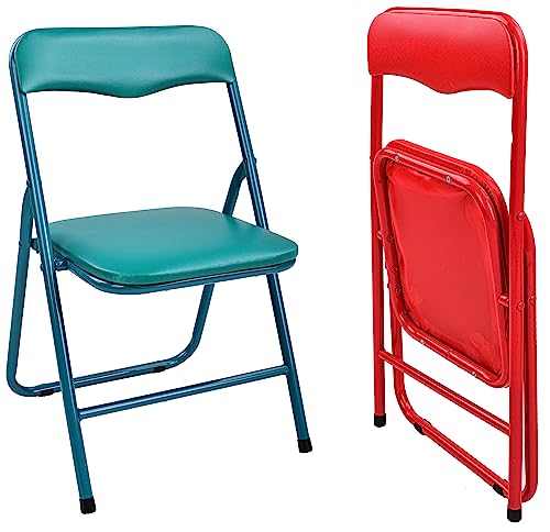 Signature Pack of 2 (Fabric/Vinyl) Steel Frame Metal Foam Padded Folding Chairs for Kids, Green and Red