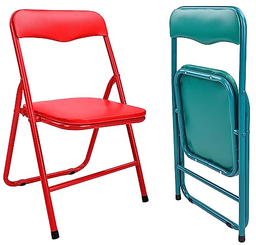 Signature Pack of 2 (Fabric/Vinyl) Steel Frame Metal Foam Padded Folding Chairs for Kids, Green and Red