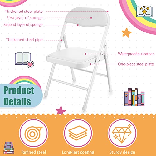 Queekay Kids Folding Chairs with Padded Seats and Backrest Foldable Steel Frame Kids Foldable Chair for Children Toddler Study Indoor Classroom Desk Tables Event Banquet Wedding (White)