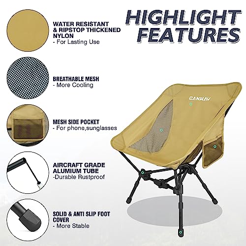 CANWAY Portable Camping Chair, Ultra-Compact and Lightweight Folding Chair for Camping, Beach, Picnic, Lawn Concerts, Hiking, Backpacking, Adjustable Height