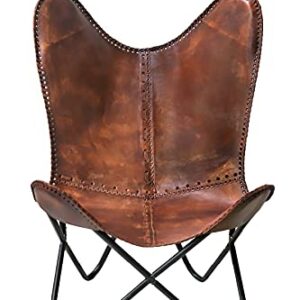 Classy Handmade Dark Brown Leather Butterfly Chair Living Room- Side Hand Stich Leather Chair-Handmade with Powder Coated Folding Black Iron Frame (Cover with Folding Frame)