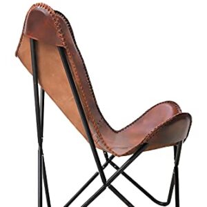 Classy Handmade Dark Brown Leather Butterfly Chair Living Room- Side Hand Stich Leather Chair-Handmade with Powder Coated Folding Black Iron Frame (Cover with Folding Frame)