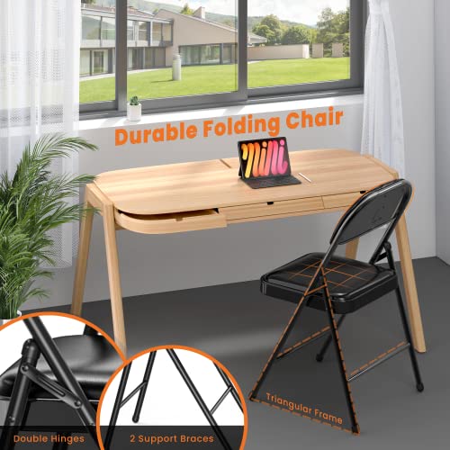 YJHome Folding Chairs with Padded Seats, Black Metal Folding Chairs Set of 2 Pack, Portable Foldable Chair Comfortable Folding Chair for Card Table