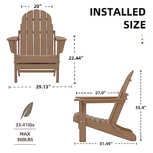 KISUN Folding Adirondack Chair, Hdpe Plastic Patio Chairs are Weather Resistant, Outdoor Fire Pit, Gardens, Decks, Seaside, Porch Garden (Teak)