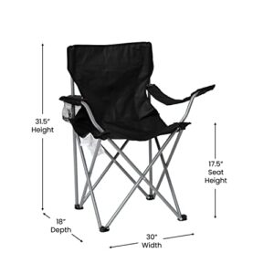 Flash Furniture Portable Folding Camping and Sports Chair with Armrest Cupholder - Portable Black Indoor/Outdoor Fishing Chair - Extra Wide Carry Bag