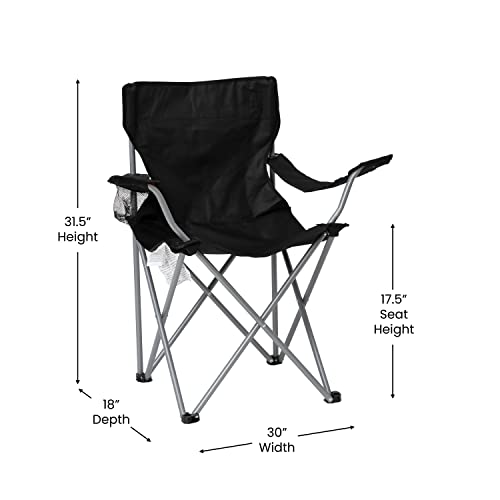 Flash Furniture Portable Folding Camping and Sports Chair with Armrest Cupholder - Portable Black Indoor/Outdoor Fishing Chair - Extra Wide Carry Bag