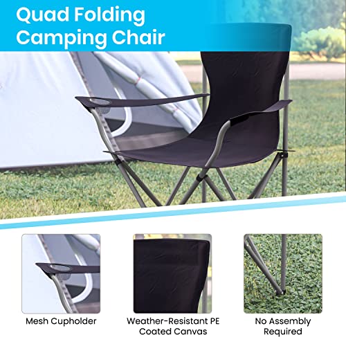 Flash Furniture Portable Folding Camping and Sports Chair with Armrest Cupholder - Portable Black Indoor/Outdoor Fishing Chair - Extra Wide Carry Bag