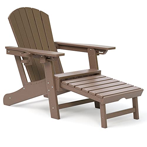 TORVA Folding Adirondack Chair Lawn Outdoor Fire Pit Chairs Adirondack Chairs Weather Resistant/Adirondack Retractable Ottoman（Brown Color）