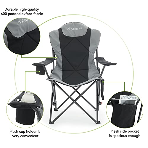 Aohanoi Camping Chairs, Camping Chairs 2 Pack Camp Chairs for Heavy People with Adjustable Angled Backrest, Outdoor Folding Camping Chairs, Folding Chairs for Outside, 350lbs (2 Pcs, Black)