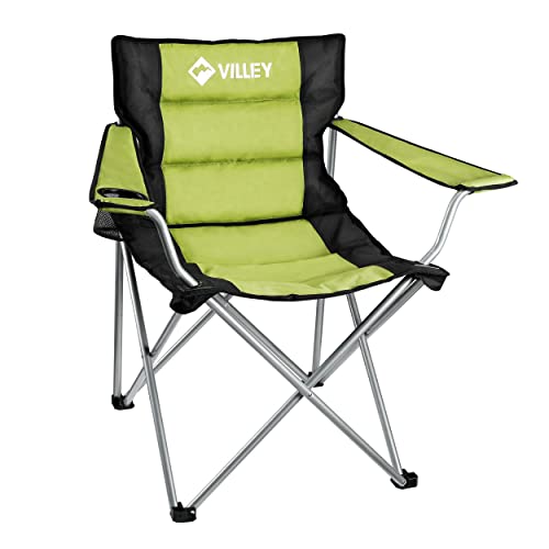 VILLEY Camping Chairs, Padded Folding Chair, Outdoor Portable High Camp Chair, Foldable Outside Arm Chair with Cup Holder & Carry Bag, Green