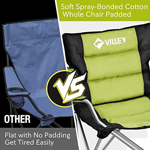 VILLEY Camping Chairs, Padded Folding Chair, Outdoor Portable High Camp Chair, Foldable Outside Arm Chair with Cup Holder & Carry Bag, Green