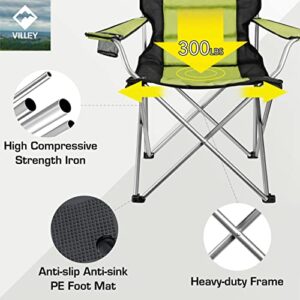 VILLEY Camping Chairs, Padded Folding Chair, Outdoor Portable High Camp Chair, Foldable Outside Arm Chair with Cup Holder & Carry Bag, Green