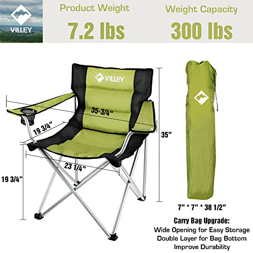 VILLEY Camping Chairs, Padded Folding Chair, Outdoor Portable High Camp Chair, Foldable Outside Arm Chair with Cup Holder & Carry Bag, Green