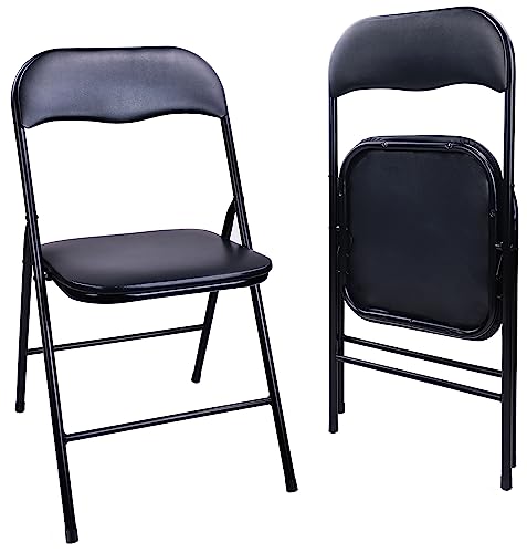 Signature Pack of 2 (Fabric/Vinyl) Steel Frame Metal Foam Padded Folding Chairs, Black