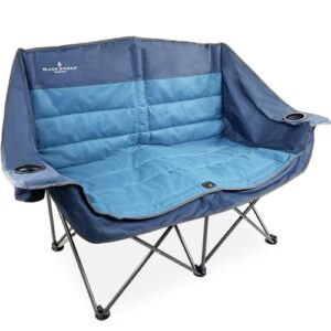 black sierra doublewide padded camping sofa, camping couch, camping loveseat, comfortable padded heavy duty camp chair, beach chari, comes with dual cupholders and carry bag, perfect for patio or deck