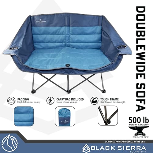 Black Sierra Doublewide Padded Camping Sofa, Camping Couch, Camping Loveseat, Comfortable Padded Heavy Duty Camp Chair, Beach Chari, Comes with Dual Cupholders and Carry Bag, Perfect for Patio or Deck