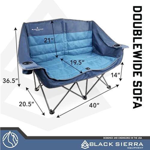 Black Sierra Doublewide Padded Camping Sofa, Camping Couch, Camping Loveseat, Comfortable Padded Heavy Duty Camp Chair, Beach Chari, Comes with Dual Cupholders and Carry Bag, Perfect for Patio or Deck