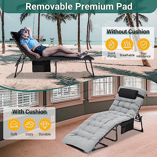 KingCamp Folding Chaise Lounge Chair with Mattress for Outdoor and Indoor, Adjustable Heavy Duty Portable Camping Recliner with Pillow for Patio, Beach, Lawn, Pool, Sunbathing, Tanning