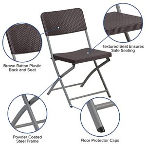 Flash Furniture 6 Pack HERCULES Series Brown Rattan Plastic Folding Chair with Gray Frame