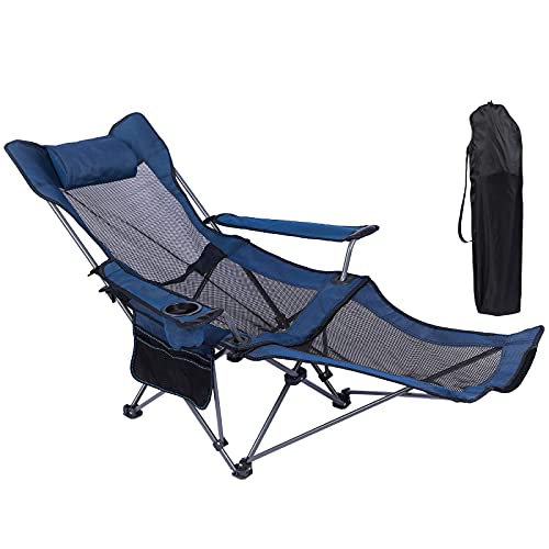 NURTUDIS Camping Lounge Chair, Portable Camping Chair with Footrest, Folding Reclining Camping Chair,Storage Bag & Headrest, Mesh Recliner, 330lbs Weight Capacity (Blue)