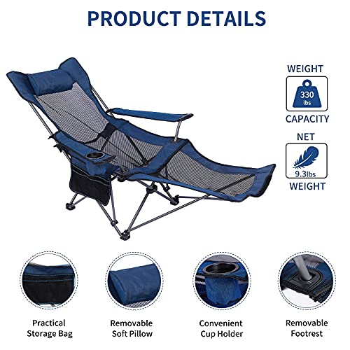 NURTUDIS Camping Lounge Chair, Portable Camping Chair with Footrest, Folding Reclining Camping Chair,Storage Bag & Headrest, Mesh Recliner, 330lbs Weight Capacity (Blue)