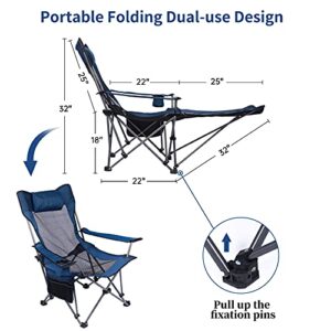 NURTUDIS Camping Lounge Chair, Portable Camping Chair with Footrest, Folding Reclining Camping Chair,Storage Bag & Headrest, Mesh Recliner, 330lbs Weight Capacity (Blue)