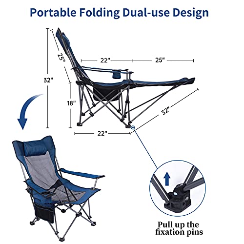 NURTUDIS Camping Lounge Chair, Portable Camping Chair with Footrest, Folding Reclining Camping Chair,Storage Bag & Headrest, Mesh Recliner, 330lbs Weight Capacity (Blue)