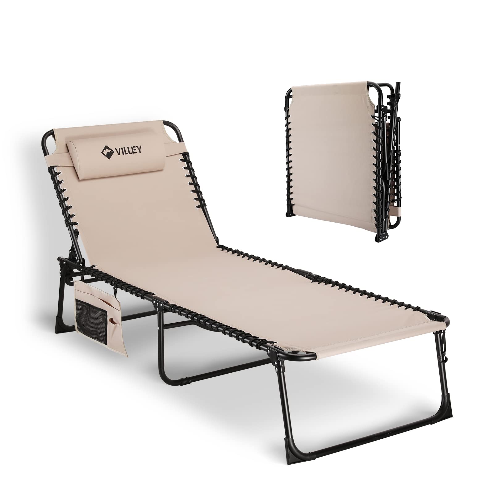 VILLEY Oversize Chaise Lounge Outdoor, Heavy-Duty Folding Lounge Chair for Outside, Portable Trifold Beach Lounger with 5 Adjustable Positions, for Outdoor, Patio, Beach, Lawn, Backyard, Camping-Beige