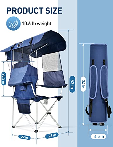 Docusvect Canopy Chair with Fan, Folding Chair with Retractable UPF 50+ Shade Canopy, Cup Holder, Side Pocket for Camping, Beach, Tailgates and Fishing - Support 330 LBS