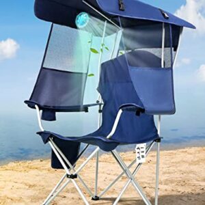 Docusvect Canopy Chair with Fan, Folding Chair with Retractable UPF 50+ Shade Canopy, Cup Holder, Side Pocket for Camping, Beach, Tailgates and Fishing - Support 330 LBS