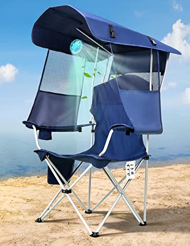 Docusvect Canopy Chair with Fan, Folding Chair with Retractable UPF 50+ Shade Canopy, Cup Holder, Side Pocket for Camping, Beach, Tailgates and Fishing - Support 330 LBS