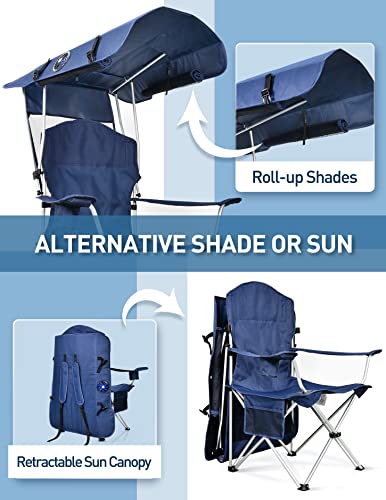 Docusvect Canopy Chair with Fan, Folding Chair with Retractable UPF 50+ Shade Canopy, Cup Holder, Side Pocket for Camping, Beach, Tailgates and Fishing - Support 330 LBS