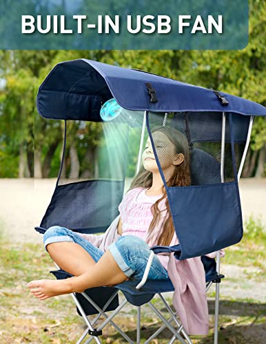 Docusvect Canopy Chair with Fan, Folding Chair with Retractable UPF 50+ Shade Canopy, Cup Holder, Side Pocket for Camping, Beach, Tailgates and Fishing - Support 330 LBS