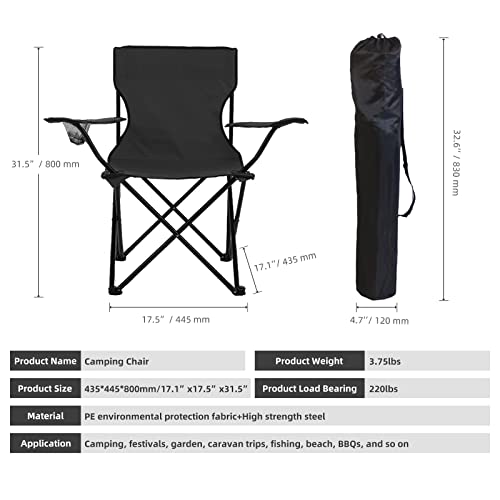 SHSYCER Folding Camping Chairs Portable - Lightweight Camping Chair with Arm Cup Holder, Light Backpacking Beach Outdoor Camping Chairs, Better for Slim People (Black)