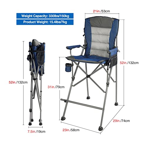 Stonehomy Padded 31" Bar Height Tall Folding Camping Chairs for Adults, Heavy Duty 330 lbs Directors Chair Foldable with Foot Rest and Cup Holder, Blue