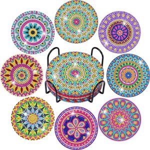 billbotk diamond painting coasters kit, 8 pieces mandala with holder, diy art for beginners, kids