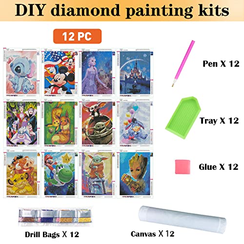 FFPTBNYX 12 Pack Diamond Painting Kits for Adults 5D DIY Diamond Art Kit Paint with Round Full Drill Diamonds for Beginners Gem Paintings Art for Home Wall Decor Gifts(12X16 Inch)