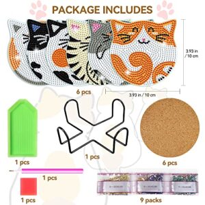 Vcekract Diamond Painting Coasters Kits, 6 Pieces Cat Diamond Painting Coasters with Holder, DIY Diamond Art Coasters with Stickable Cork Bases, Diamond Art Kits for Adults & Kids