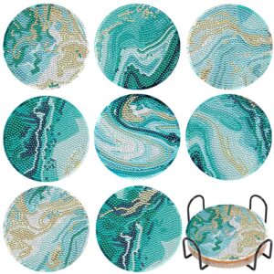 8 pcs diamond painting coasters with holder, diy teal marble ocean diamond art coasters for drinks diamond painting kits for beginners, diamond art kits craft supplies for adults kids, coasters gift