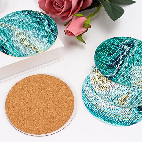 8 Pcs Diamond Painting Coasters with Holder, DIY Teal Marble Ocean Diamond Art Coasters for Drinks Diamond Painting Kits for Beginners, Diamond Art Kits Craft Supplies for Adults Kids, Coasters Gift