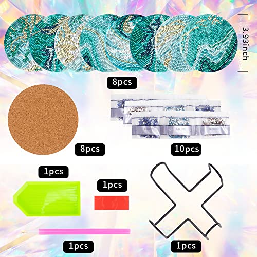 8 Pcs Diamond Painting Coasters with Holder, DIY Teal Marble Ocean Diamond Art Coasters for Drinks Diamond Painting Kits for Beginners, Diamond Art Kits Craft Supplies for Adults Kids, Coasters Gift