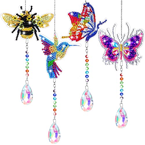 4 Pcs Diamond Painting Kits 5D Diamond Painting Suncatcher Double Sided DIY Wind Chime Kit Diamond Art for Kids Butterfly Bee Hummingbird Ornament for Adults Kids Home Garden Supplies (Cute Style)