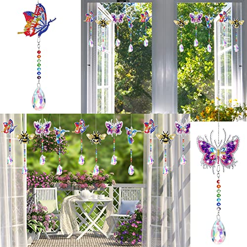 4 Pcs Diamond Painting Kits 5D Diamond Painting Suncatcher Double Sided DIY Wind Chime Kit Diamond Art for Kids Butterfly Bee Hummingbird Ornament for Adults Kids Home Garden Supplies (Cute Style)