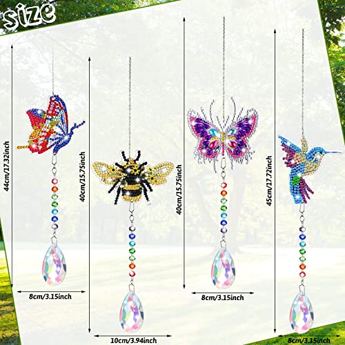 4 Pcs Diamond Painting Kits 5D Diamond Painting Suncatcher Double Sided DIY Wind Chime Kit Diamond Art for Kids Butterfly Bee Hummingbird Ornament for Adults Kids Home Garden Supplies (Cute Style)