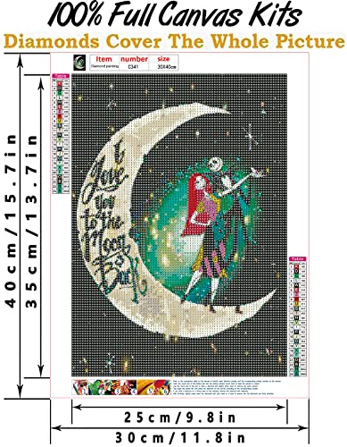 honrtreb DIY 5D Diamond Painting Halloween by Number Kits for Adults,Diamond Painting Jack and Sally with Moon,Round Full Drill Diamond Art Kits Craft for Home Wall Decor 11.8x15.7 inch